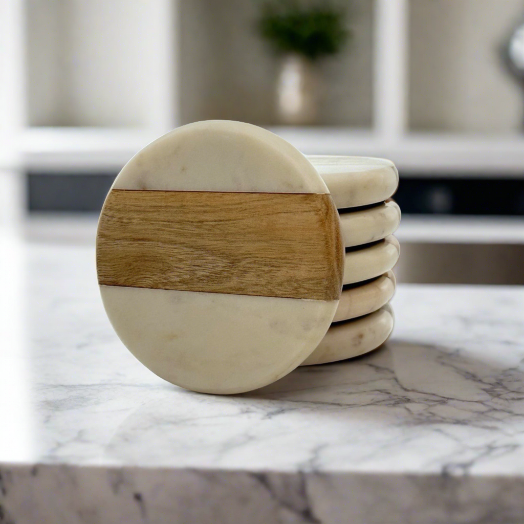 Round Marble Coaster with Wooden (Set of 6) – Perilla Home