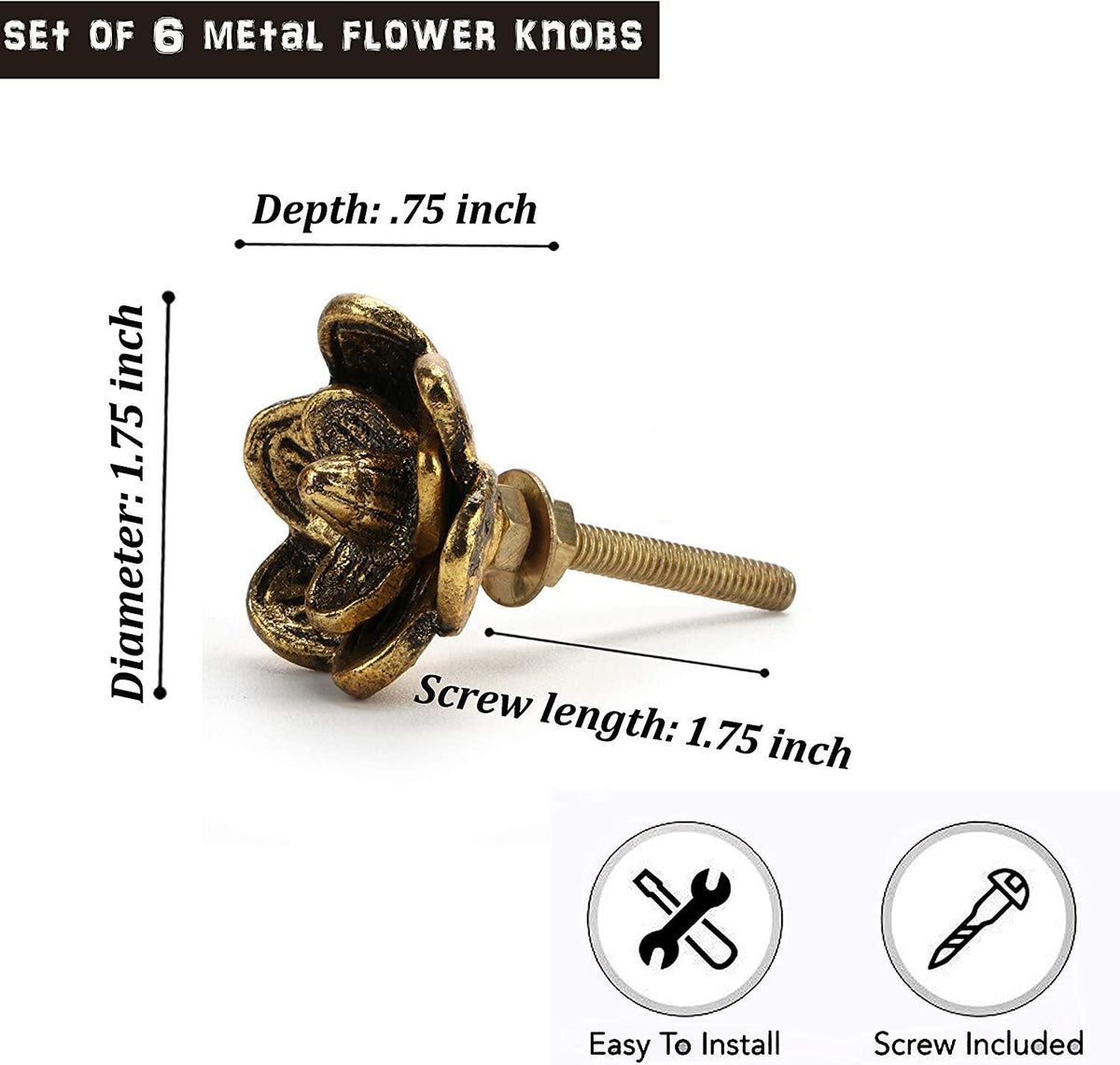 Set of 6 Gold Flower knob